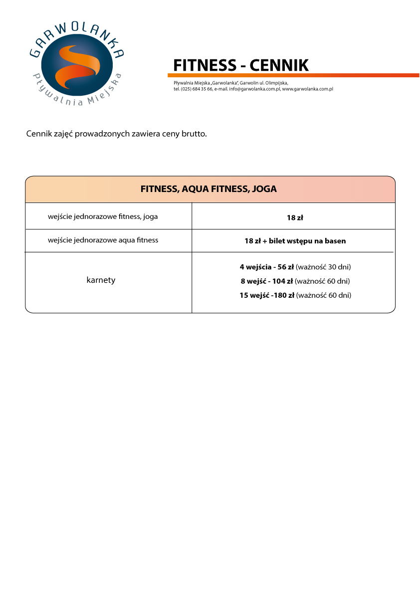 Cennik | Basen Garwolin – Garwolanka