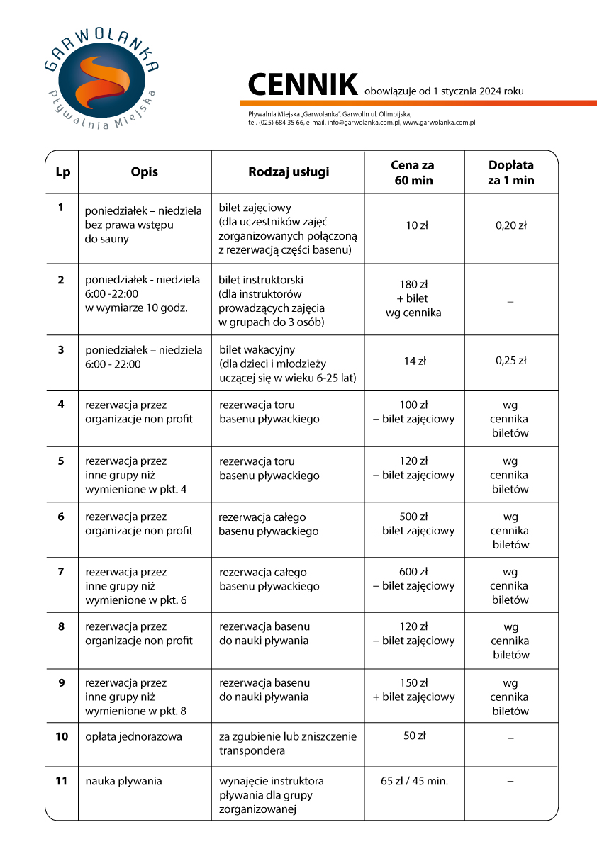 CENNIK | Basen Garwolin – Garwolanka